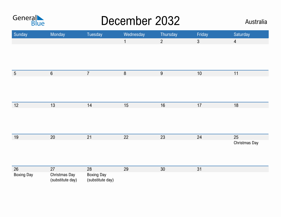 December 2032 Monthly Calendar with Australia Holidays