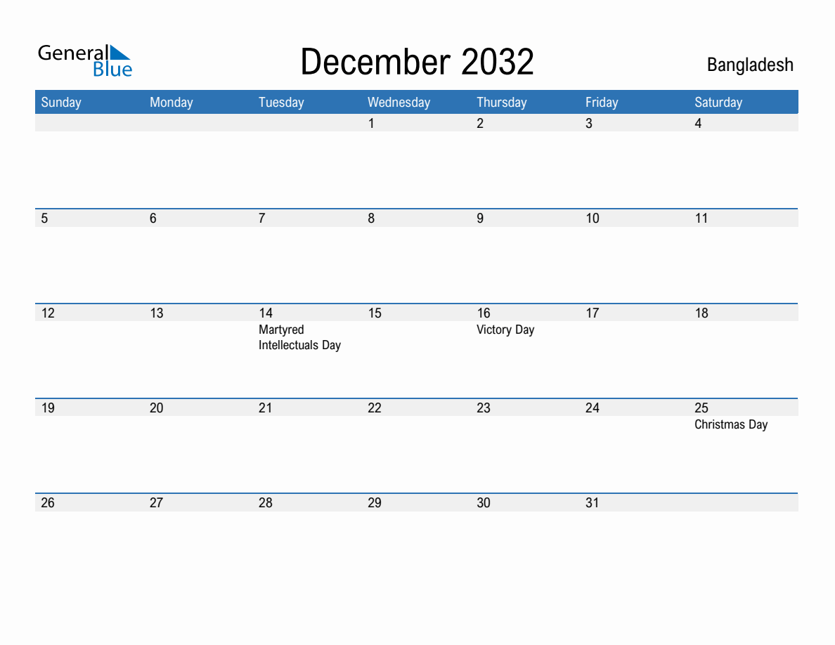 December 2032 Monthly Calendars with Bangladesh Holidays