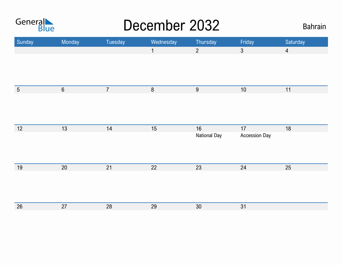 December 2032 Monthly Calendars with Bahrain Holidays