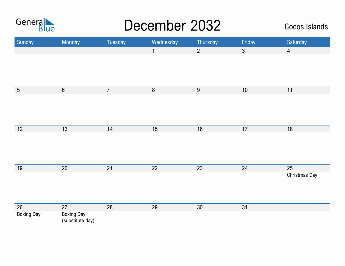 December 2032 Monthly Calendar with Cocos Islands Holidays