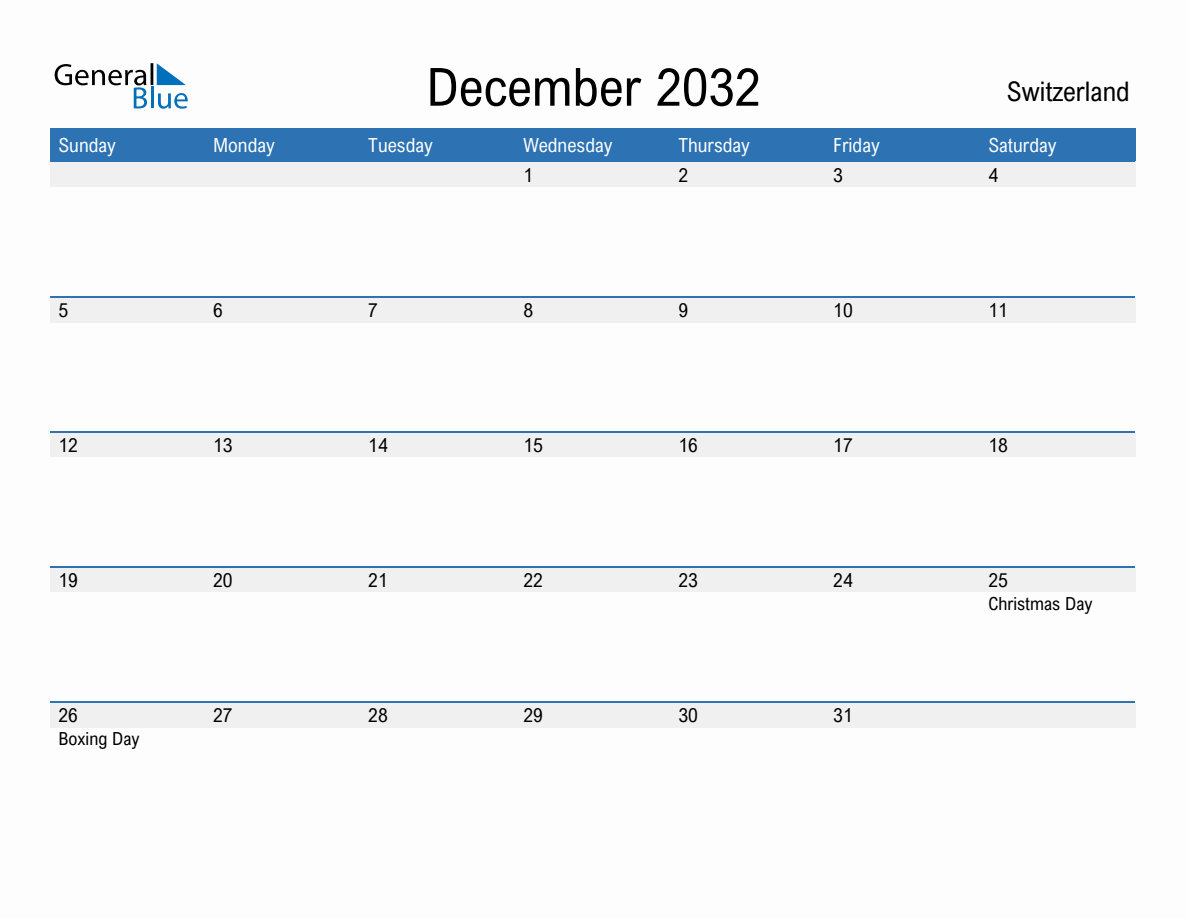 December 2032 Monthly Calendar with Switzerland Holidays
