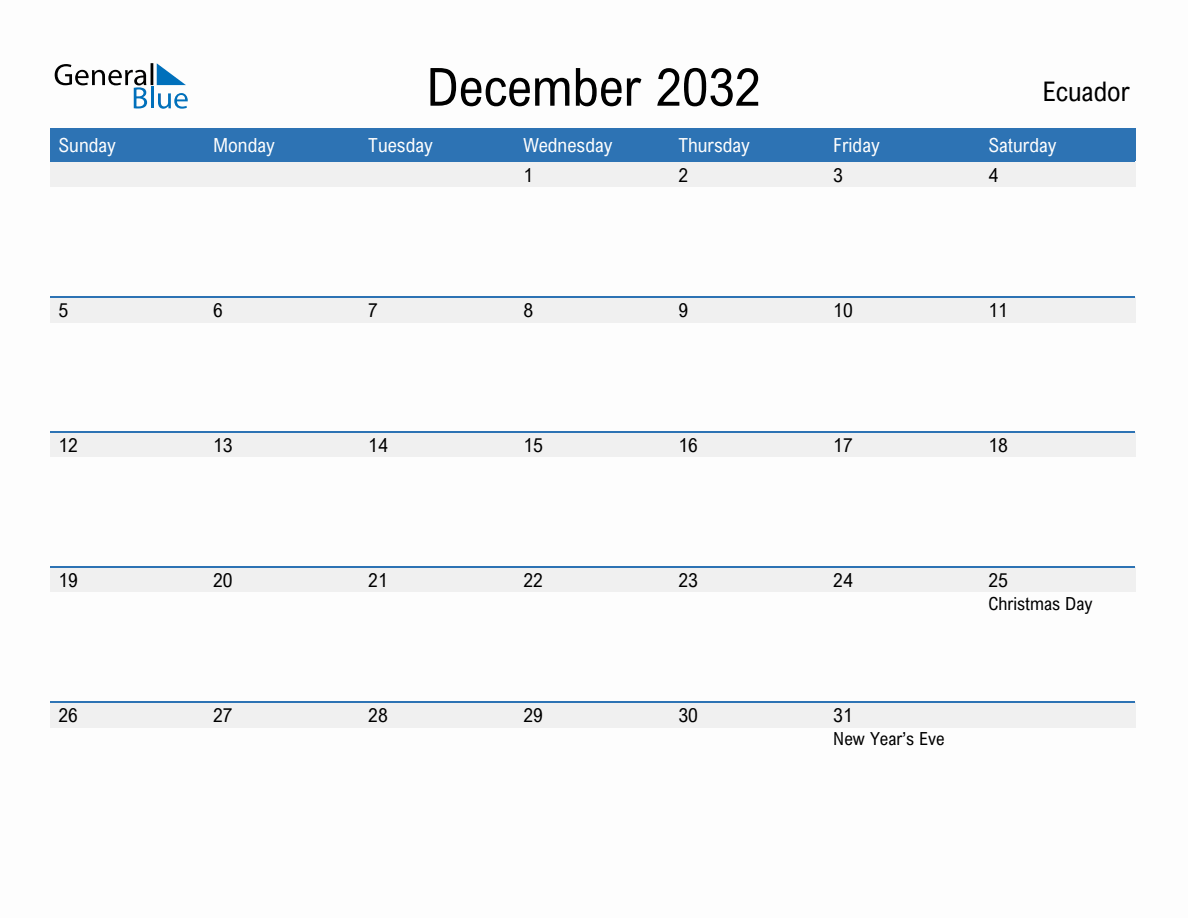 December 2032 Monthly Calendar with Ecuador Holidays
