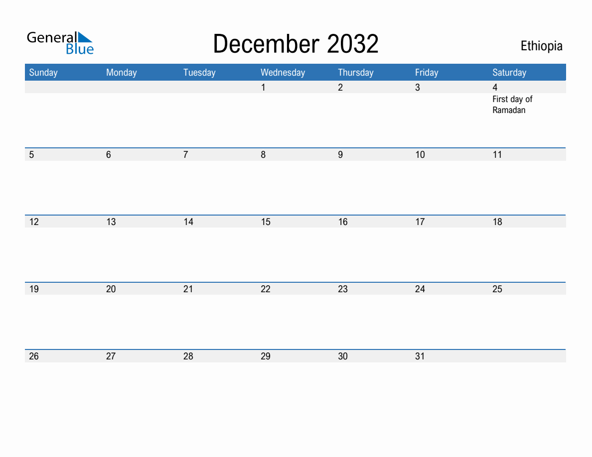 December 2032 Monthly Calendars with Ethiopia Holidays