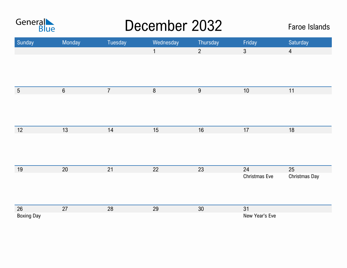 December 2032 Monthly Calendar with Faroe Islands Holidays