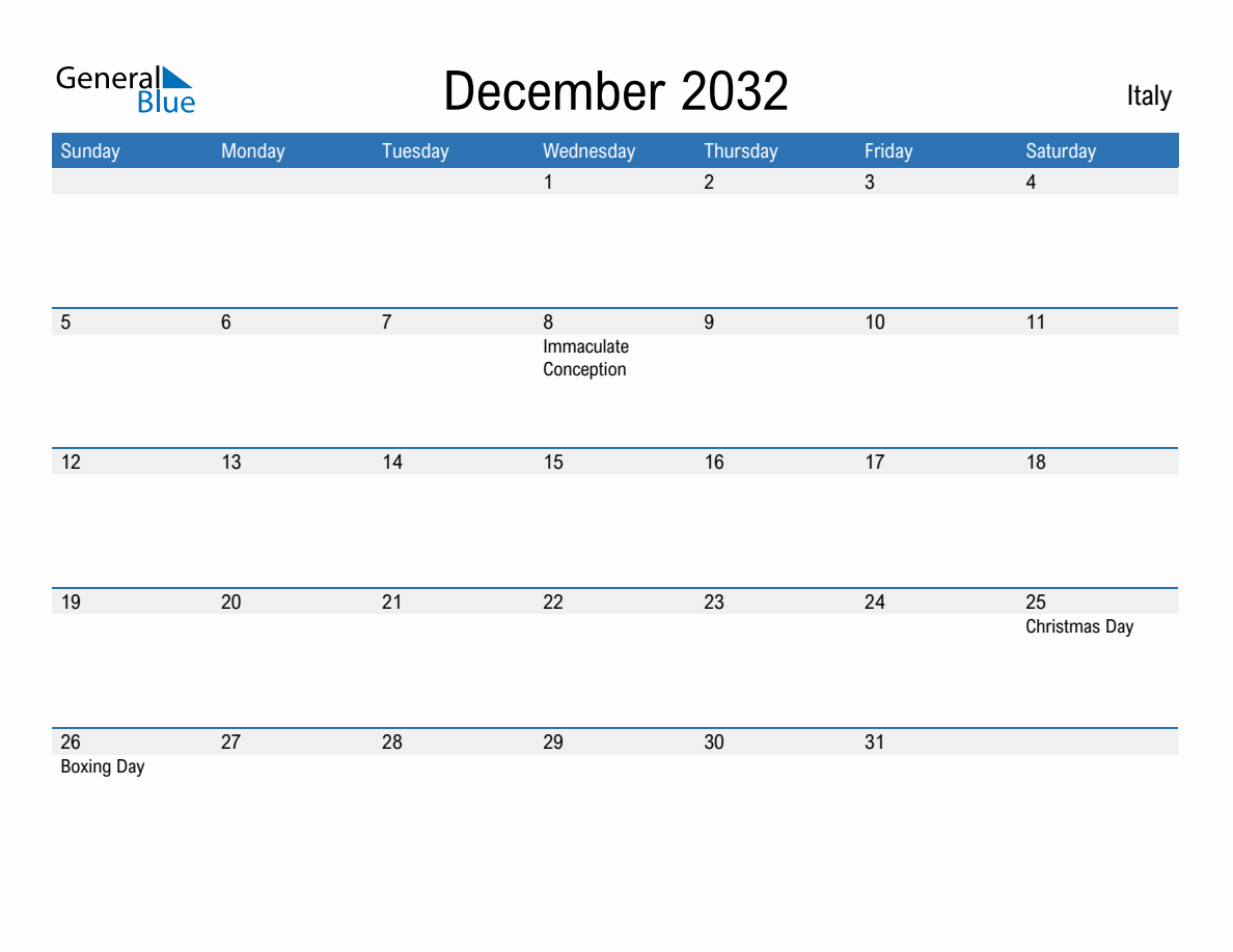 December 2032 Monthly Calendar with Italy Holidays