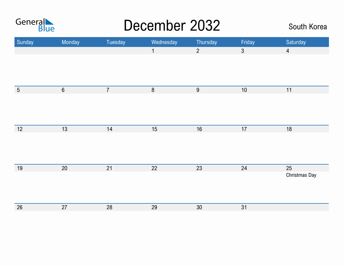 December 2032 Monthly Calendar with South Korea Holidays