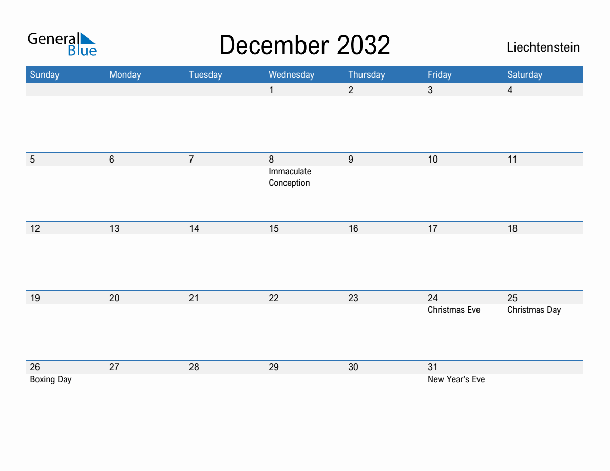 December 2032 Monthly Calendar with Liechtenstein Holidays