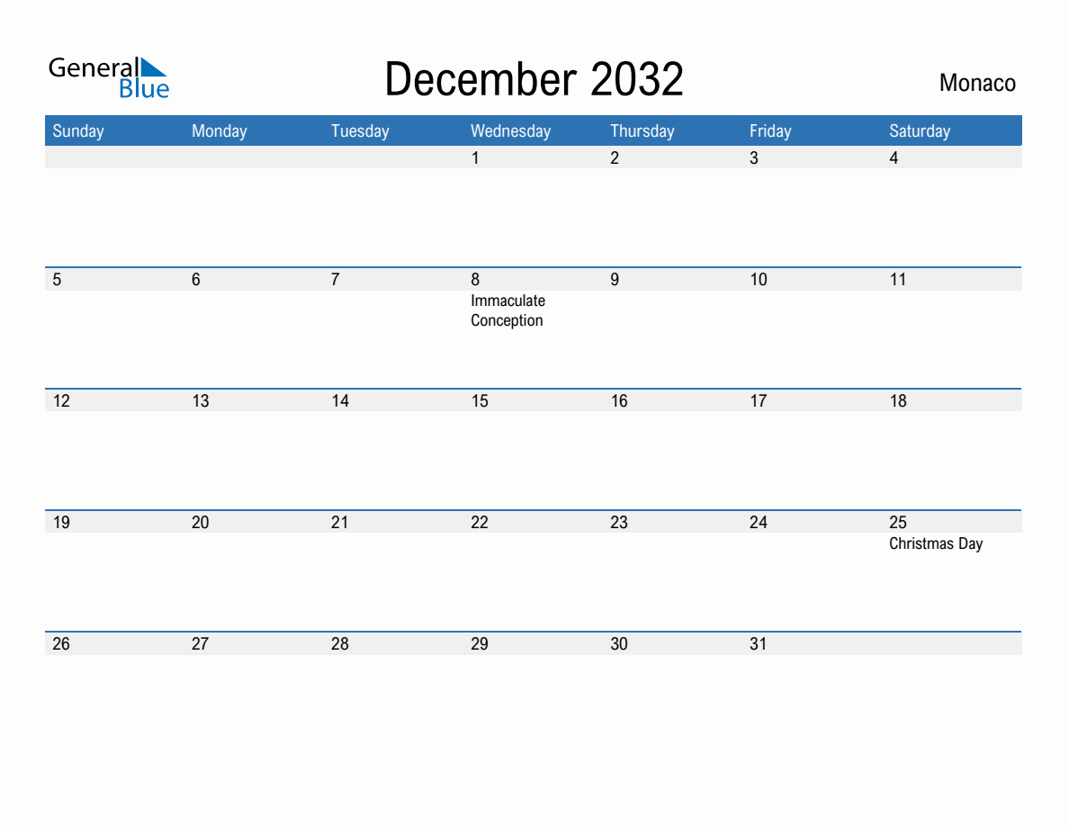 December 2032 Monthly Calendars with Monaco Holidays