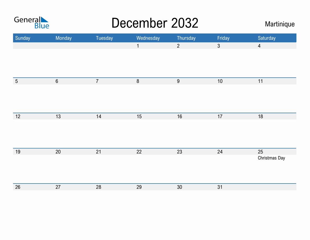 December 2032 Monthly Calendar with Martinique Holidays