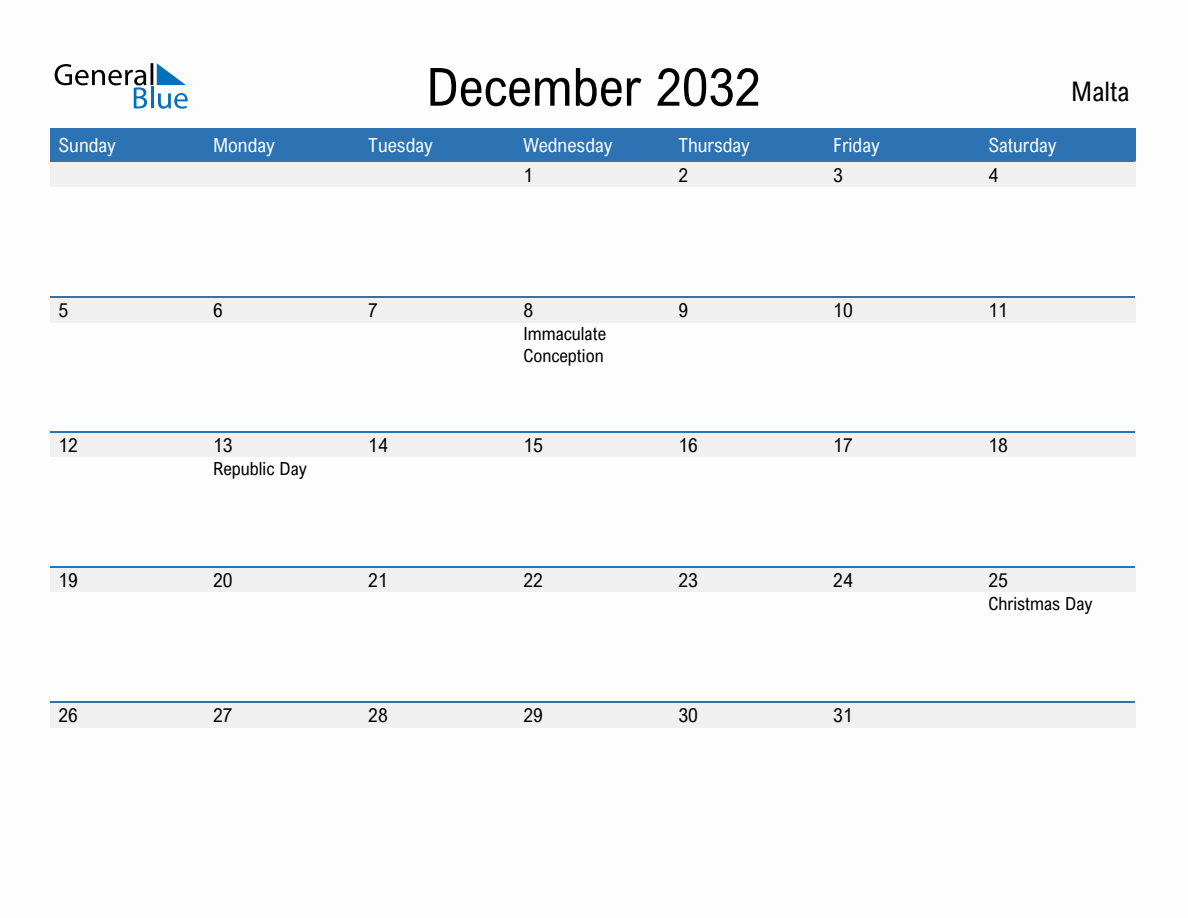 December 2032 Monthly Calendars with Malta Holidays