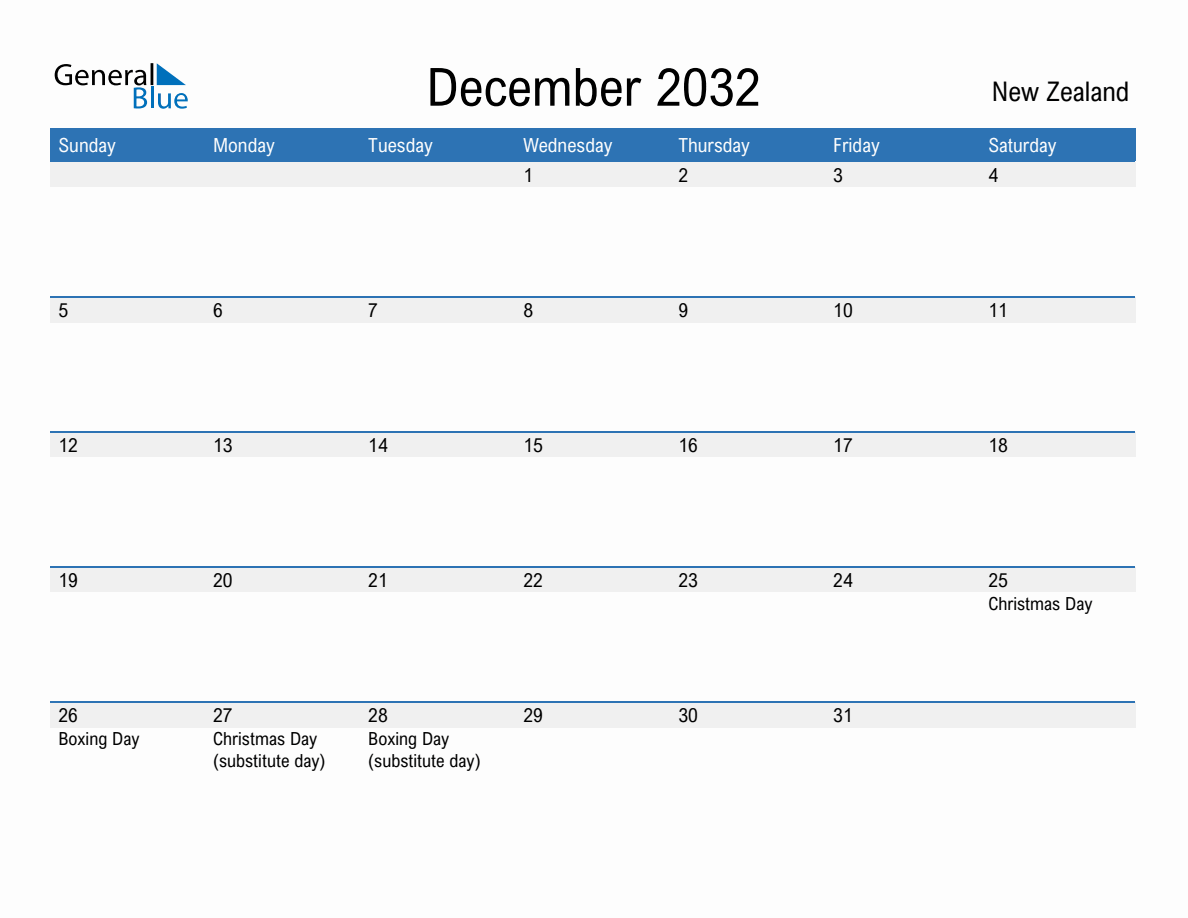 December 2032 Monthly Calendars with New Zealand Holidays