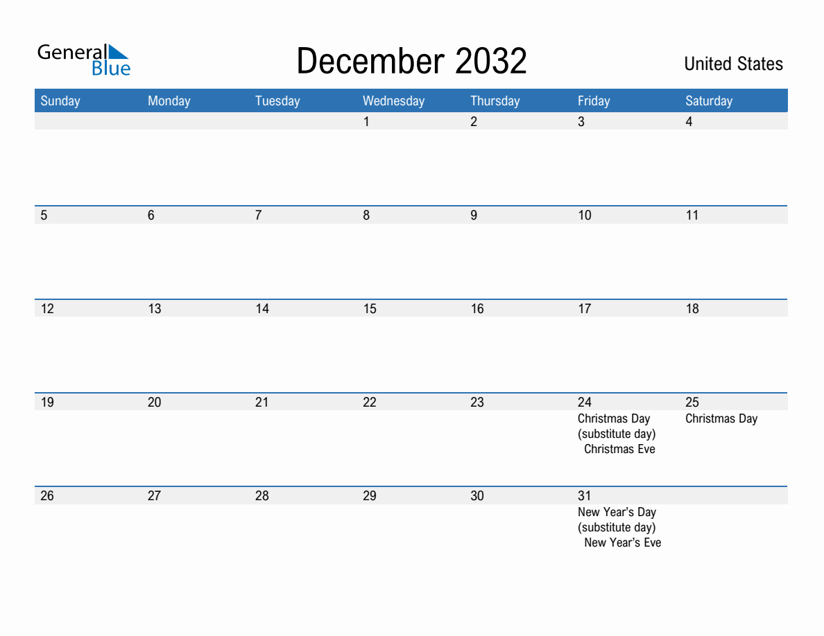 December 2032 Monthly Calendar with United States Holidays