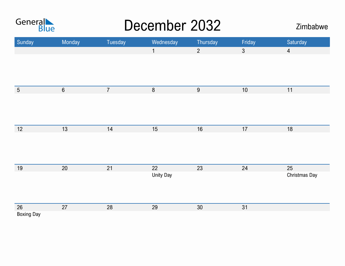 December 2032 Monthly Calendars with Zimbabwe Holidays