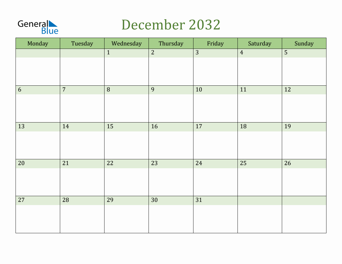 Fillable December 2032 Calendar - Monday Start