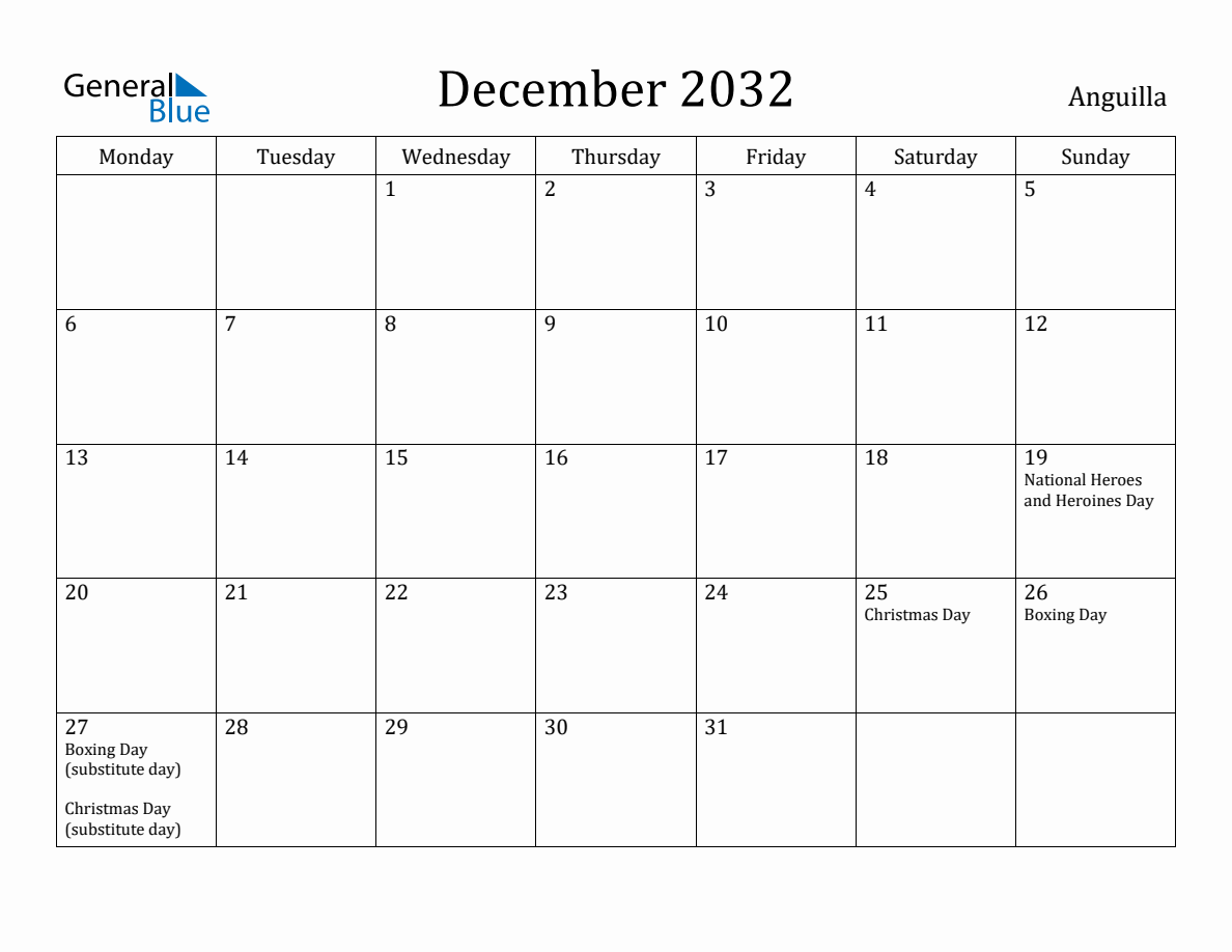 December 2032 - Anguilla Monthly Calendar with Holidays