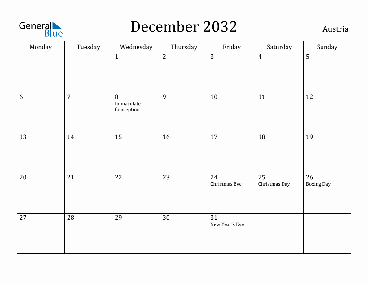 December 2032 - Austria Monthly Calendar with Holidays