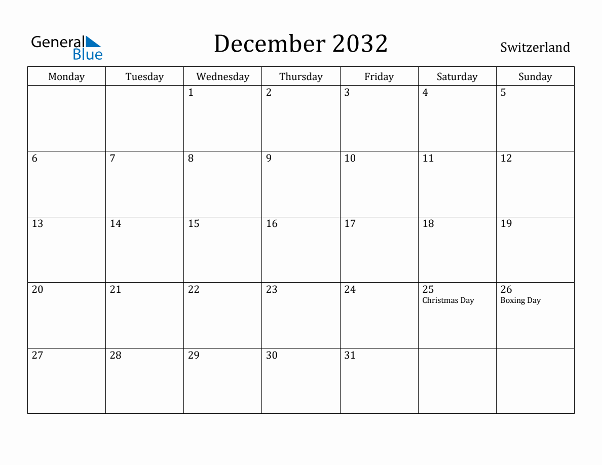 December 2032 - Switzerland Monthly Calendar with Holidays
