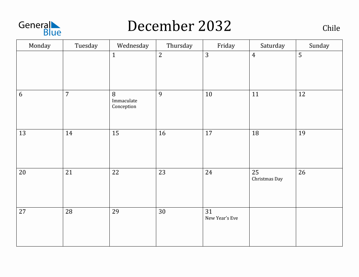Chile Monthly Calendar - December 2032 (Monday Start)