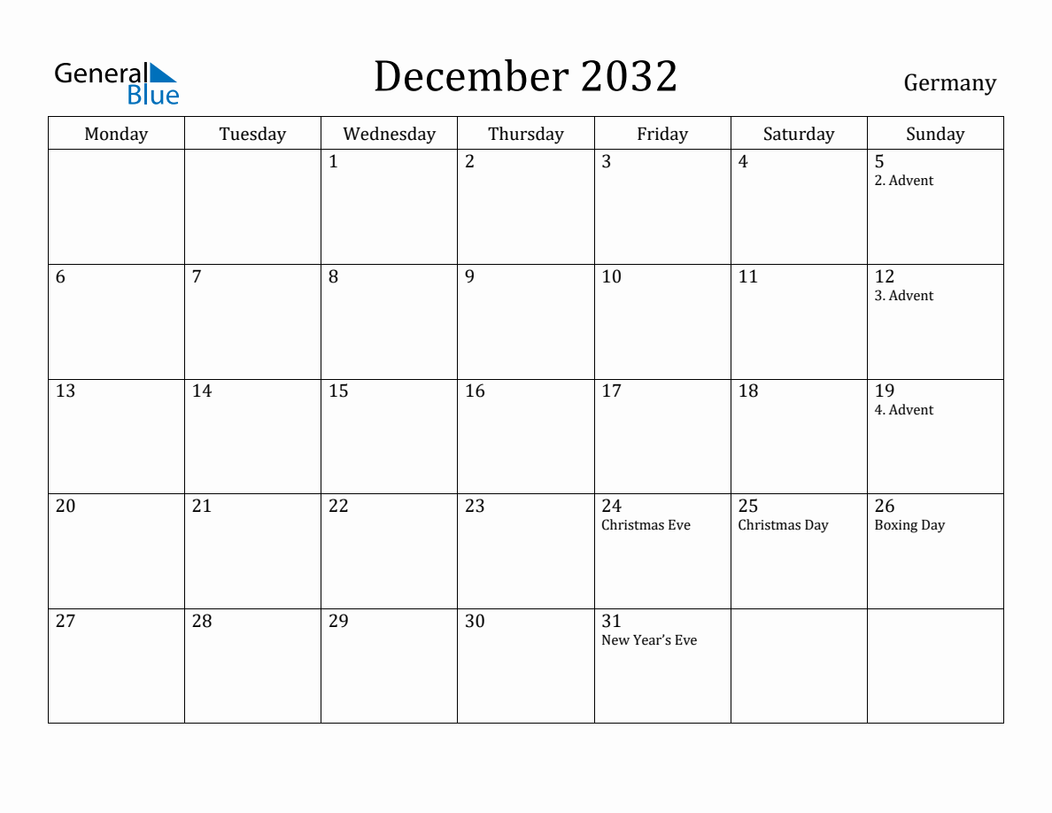 Germany Monthly Calendar - December 2032 (Monday Start)