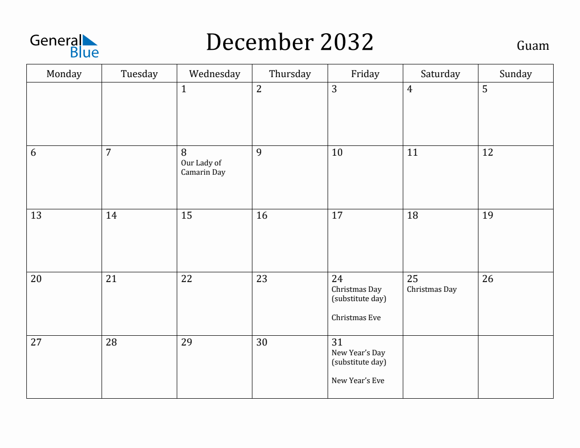 December 2032 - Guam Monthly Calendar with Holidays