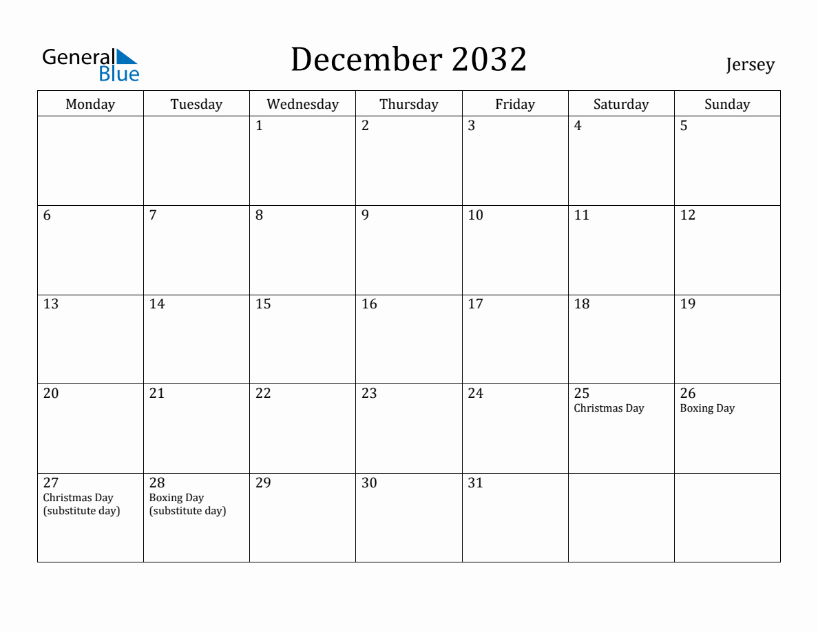 December 2032 Monthly Calendar with Jersey Holidays (Monday Start)