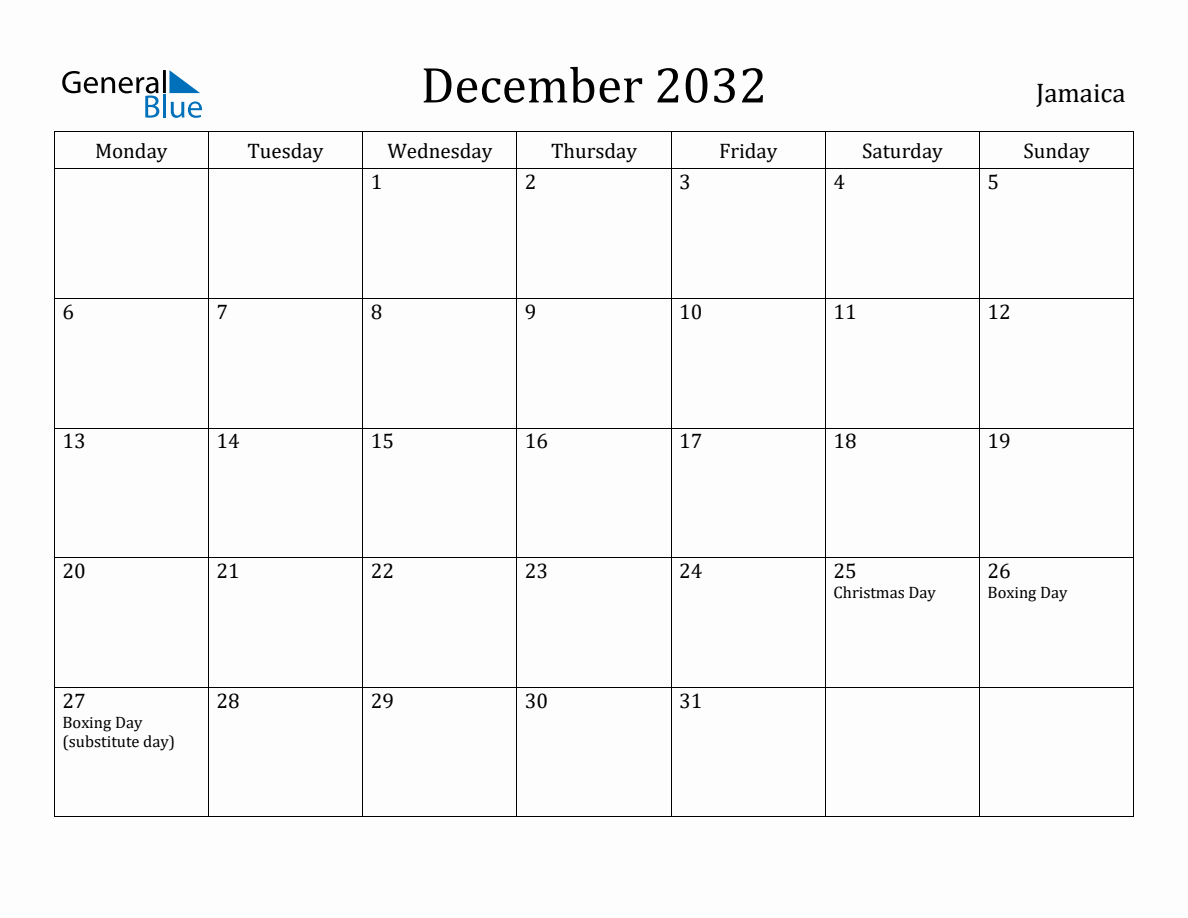 December 2032 - Jamaica Monthly Calendar with Holidays