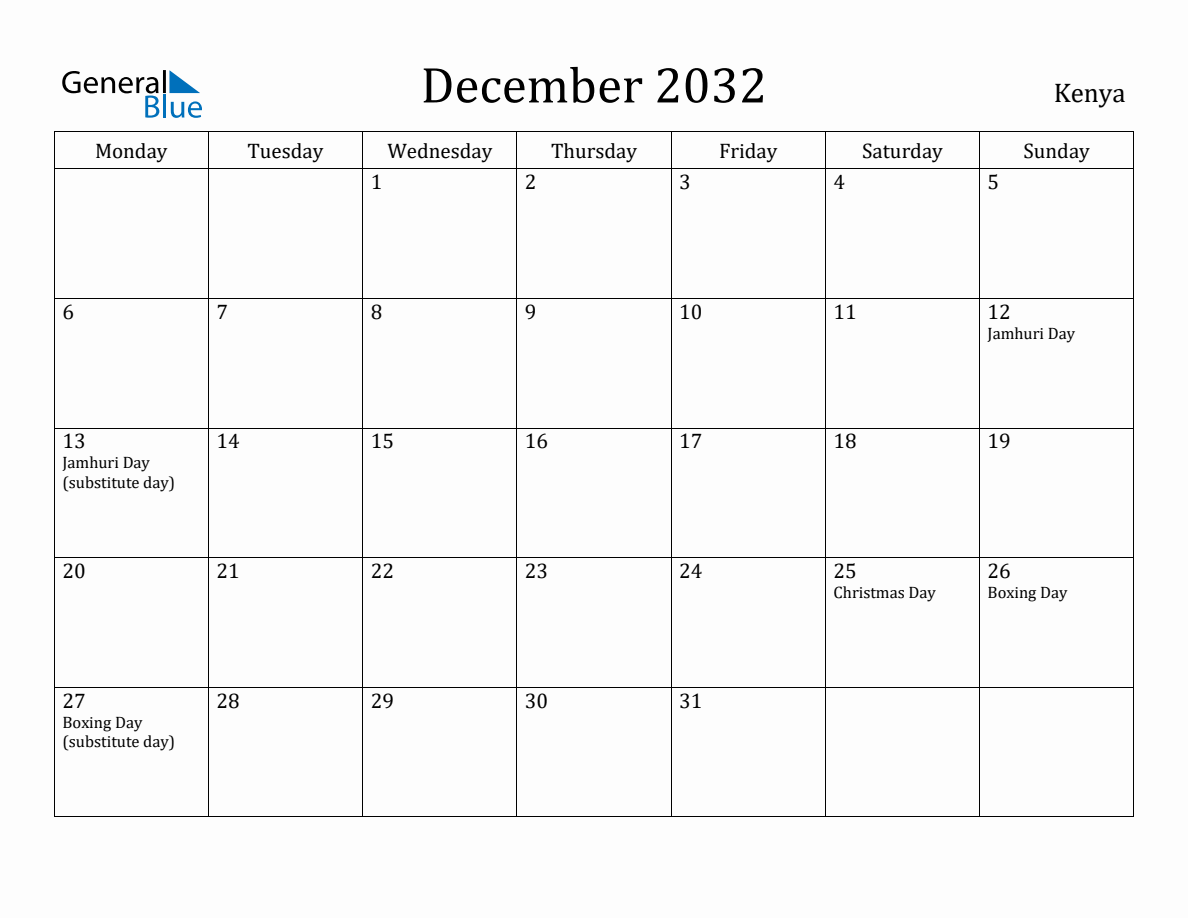December 2032 - Kenya Monthly Calendar with Holidays