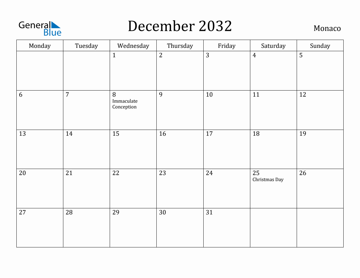 December 2032 Monthly Calendar with Monaco Holidays