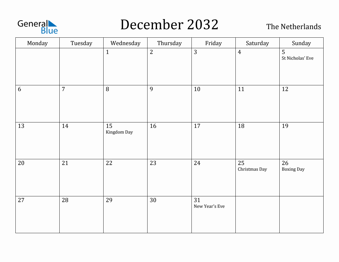 December 2032 - The Netherlands Monthly Calendar with Holidays