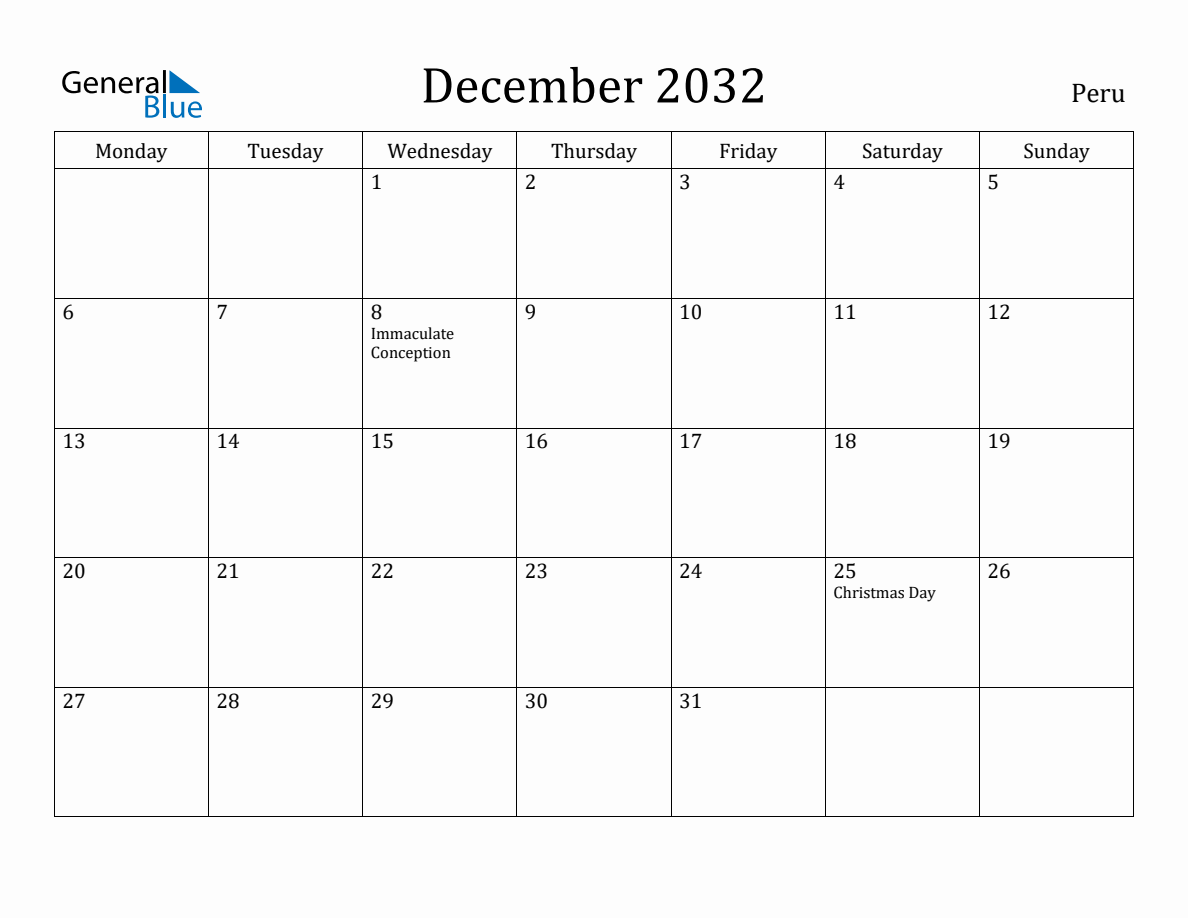 December 2032 Monthly Calendar with Peru Holidays