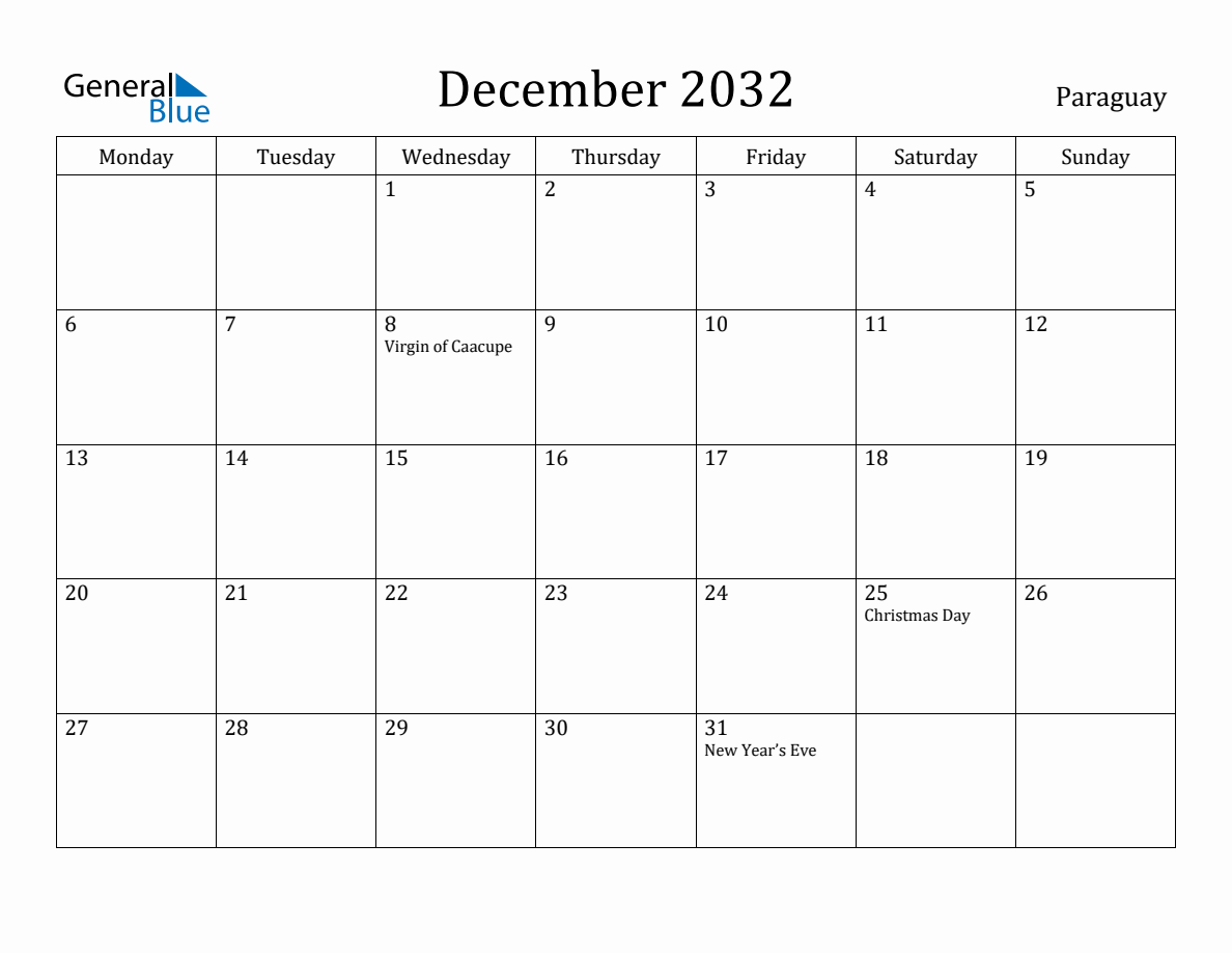 December 2032 - Paraguay Monthly Calendar with Holidays