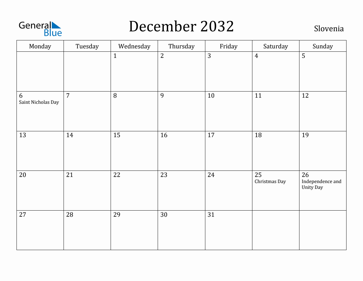 December 2032 - Slovenia Monthly Calendar with Holidays