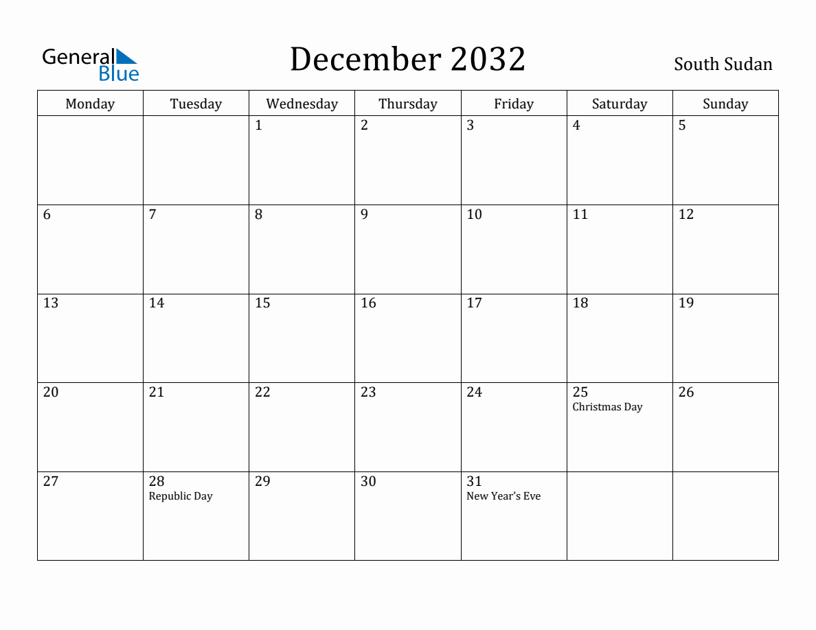 December 2032 Monthly Calendar with South Sudan Holidays