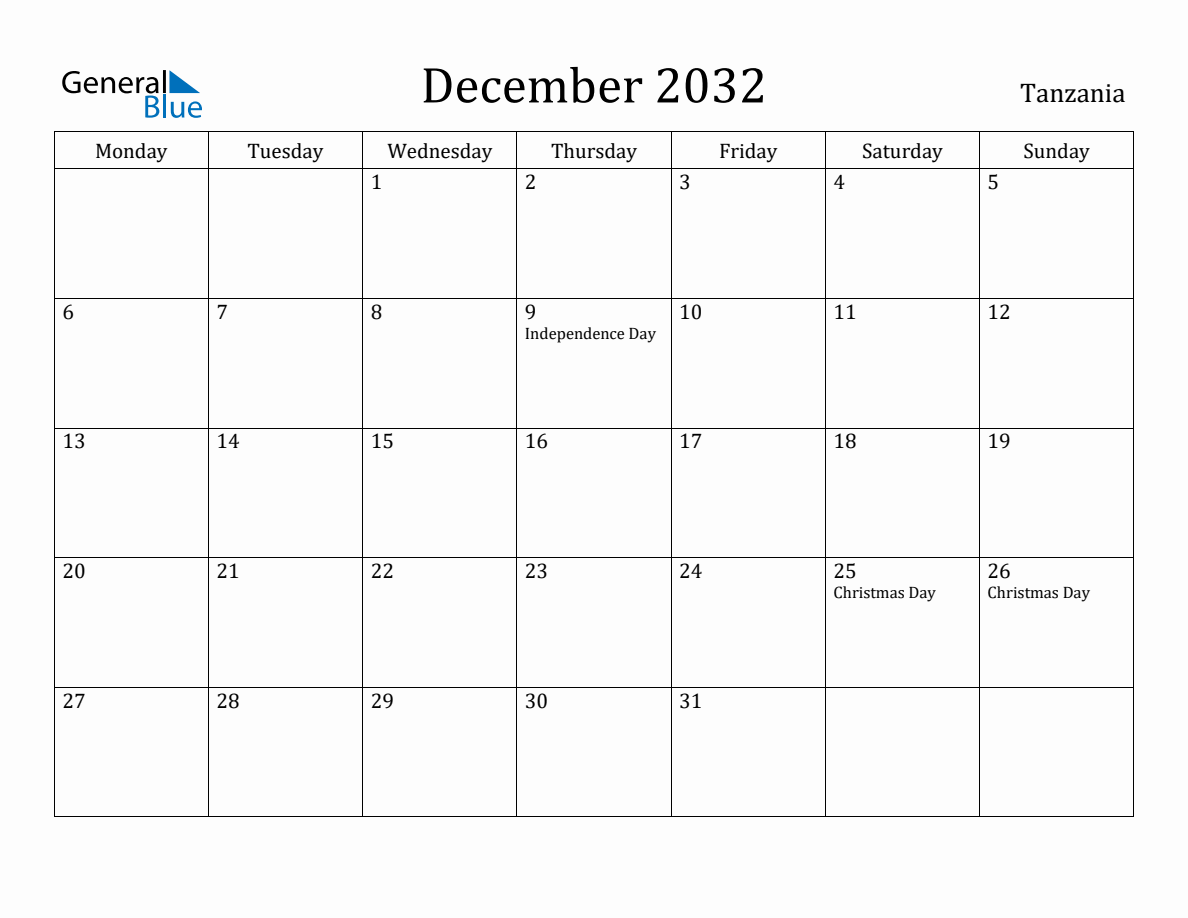Tanzania Monthly Calendar - December 2032 (Monday Start)
