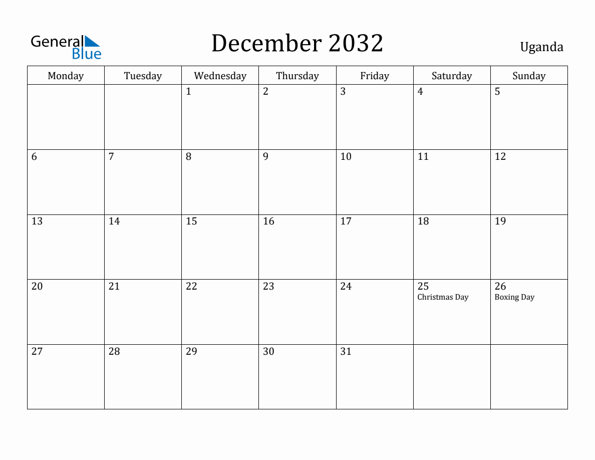 December 2032 - Uganda Monthly Calendar with Holidays