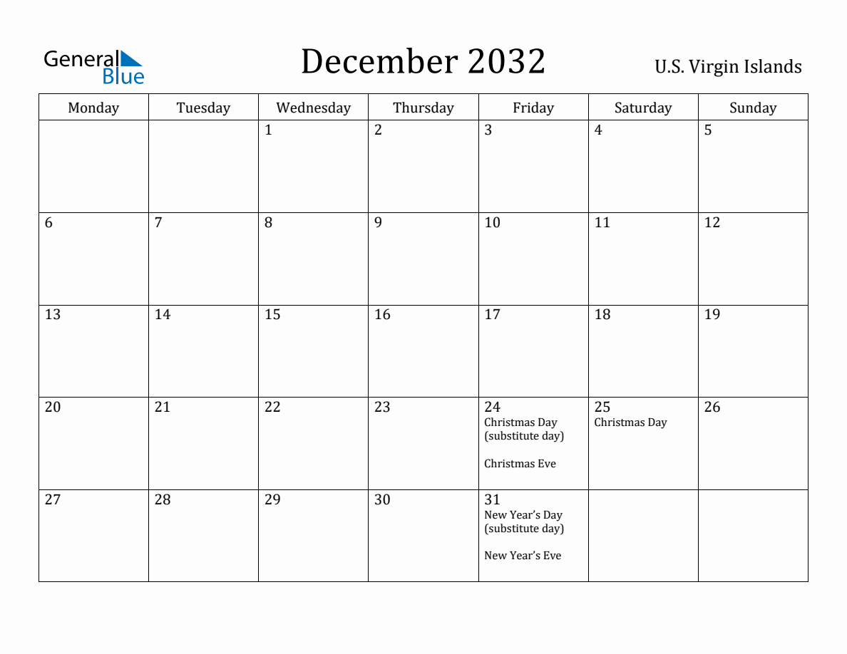 December 2032 Monthly Calendar with U.S. Virgin Islands Holidays ...