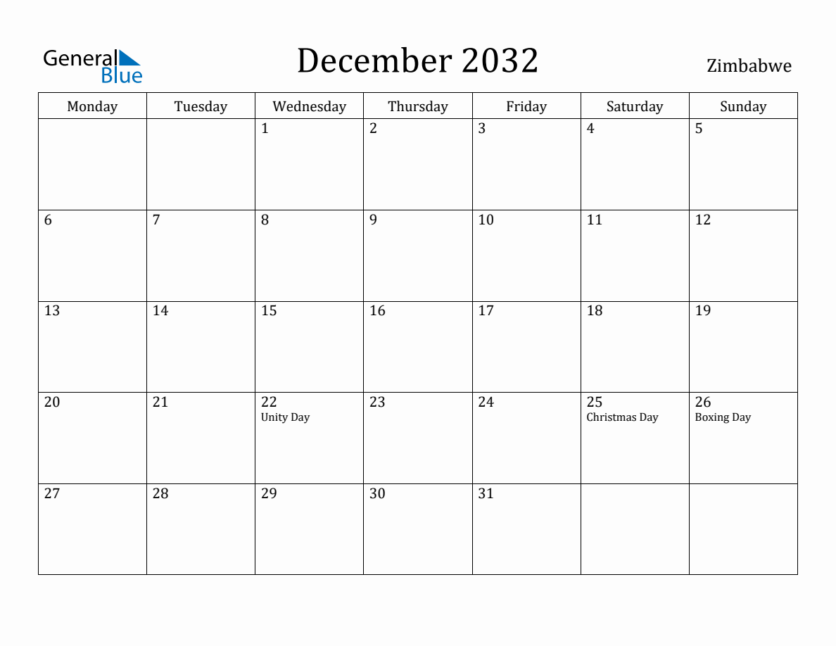 December 2032 - Zimbabwe Monthly Calendar with Holidays