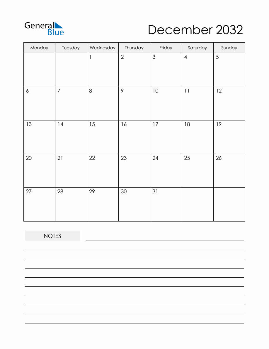 December 2032 Monthly Planner Calendar