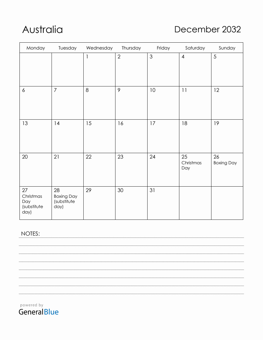 December 2032 Australia Calendar with Holidays