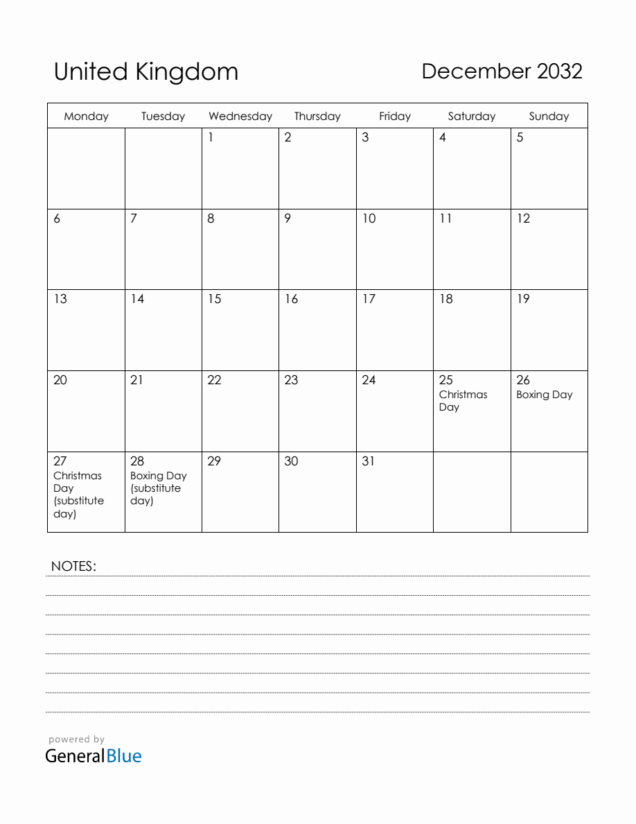 December 2032 United Kingdom Calendar with Holidays (Monday Start)