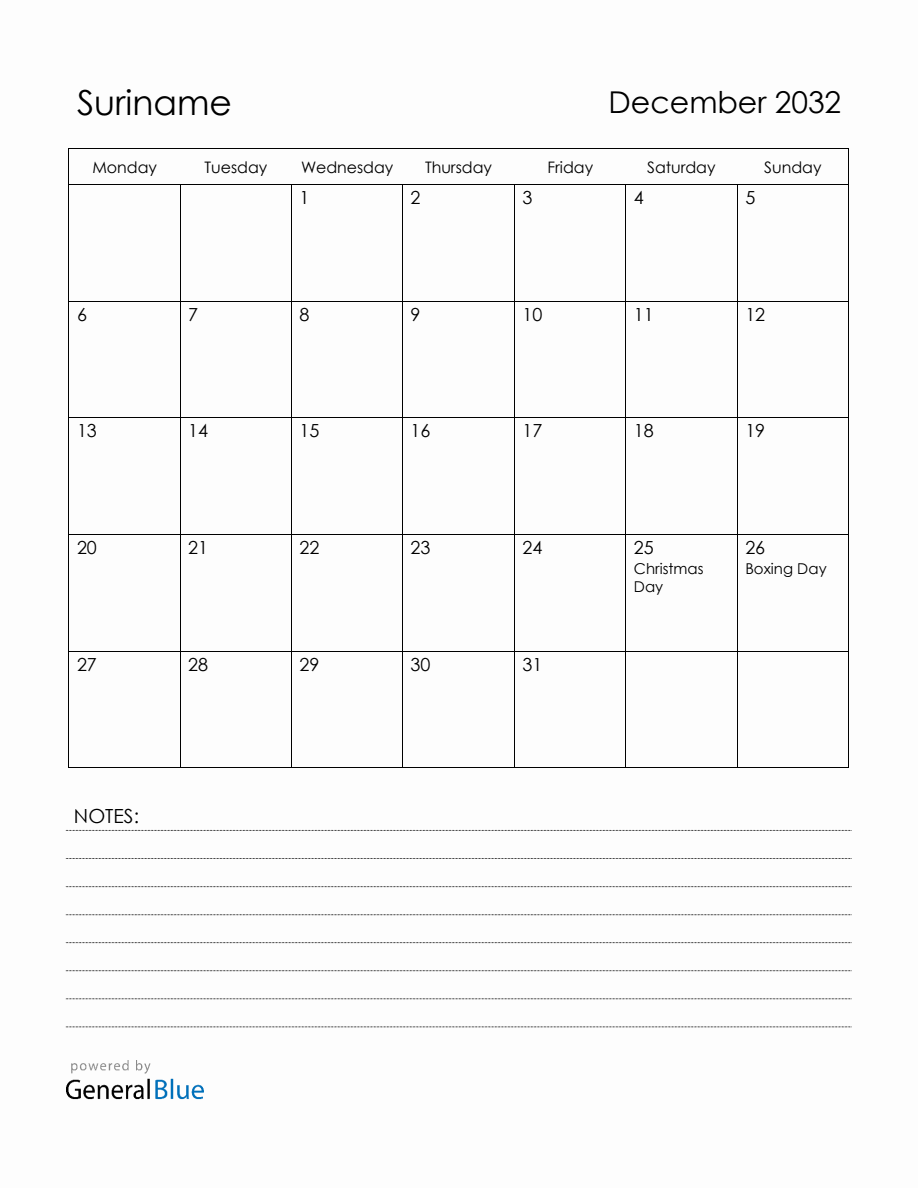 December 2032 Suriname Calendar with Holidays (Monday Start)