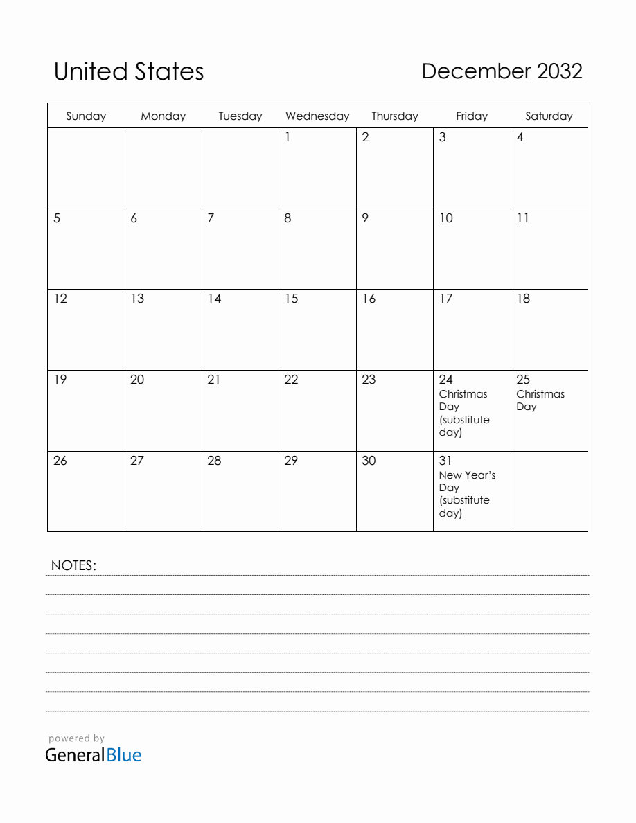 December 2032 United States Calendar with Holidays