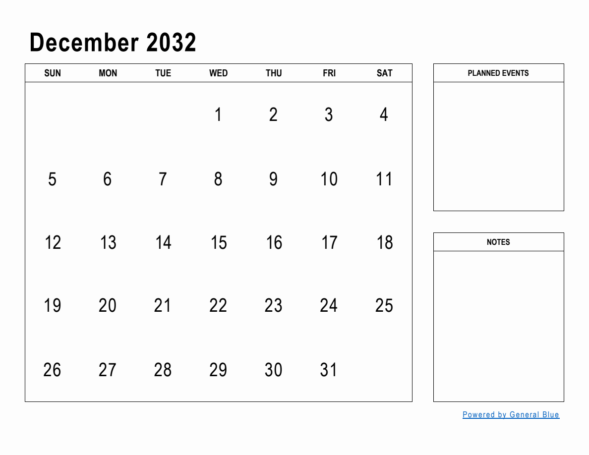 December 2032 Monthly Planner