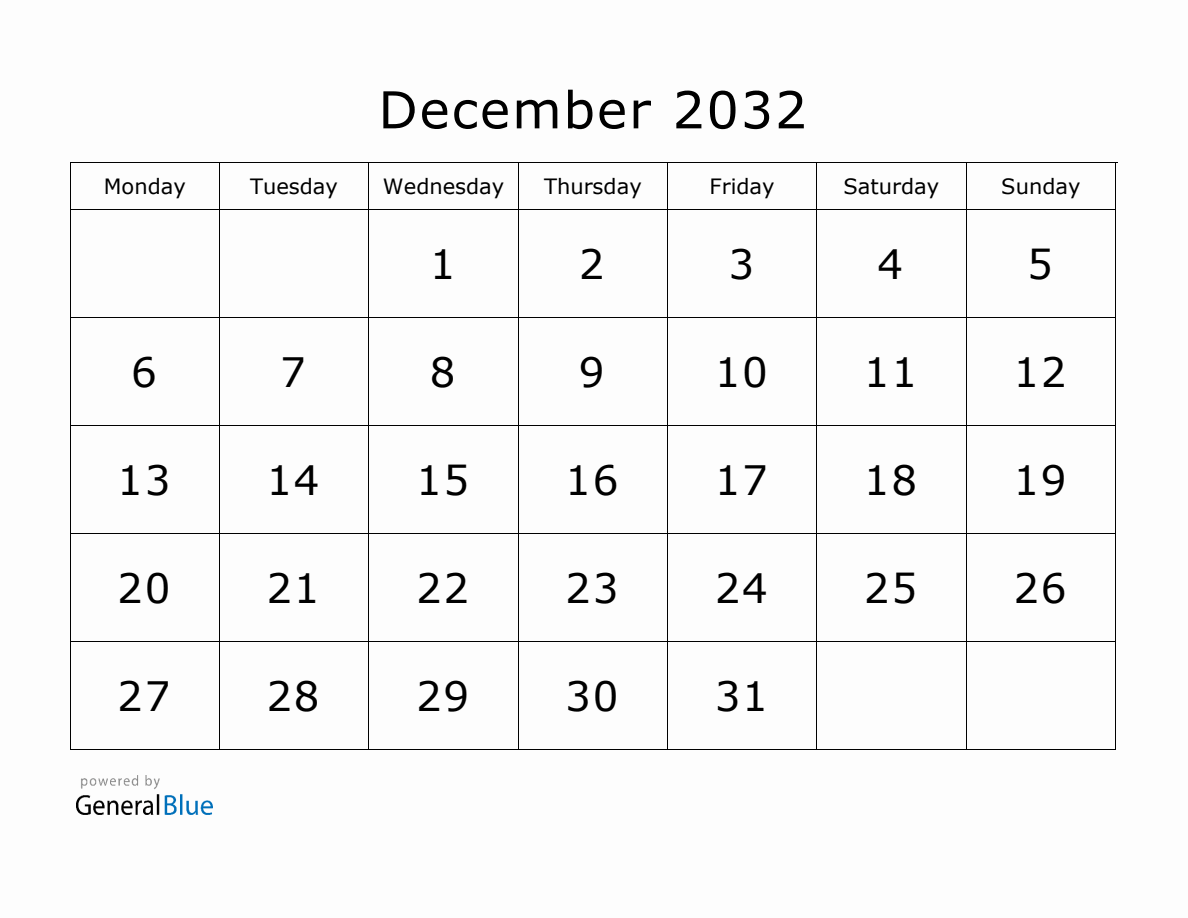 Printable December 2032 Calendar - Monday Start
