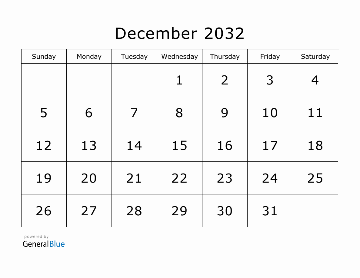 Printable December 2032 Calendar