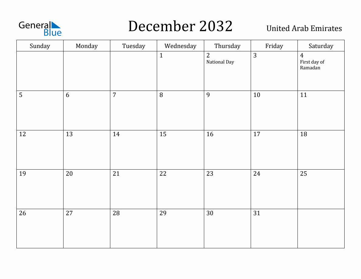 December 2032 Monthly Calendar with United Arab Emirates Holidays