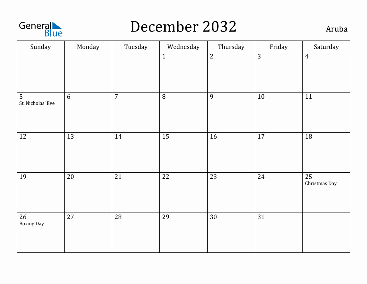 December 2032 Monthly Calendar with Aruba Holidays