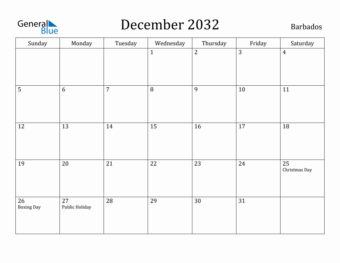 December 2032 Monthly Calendar with Barbados Holidays