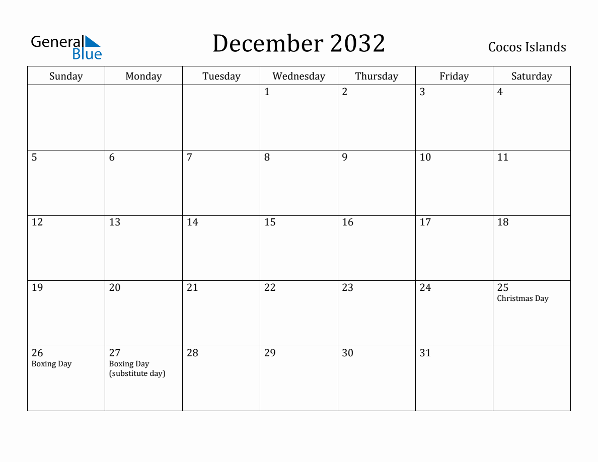 December 2032 Monthly Calendar with Cocos Islands Holidays