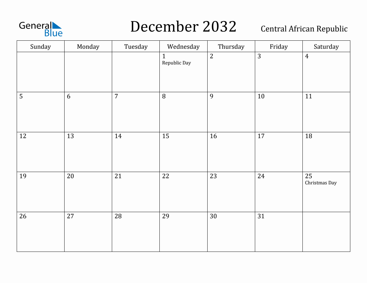 December 2032 Monthly Calendar with Central African Republic Holidays